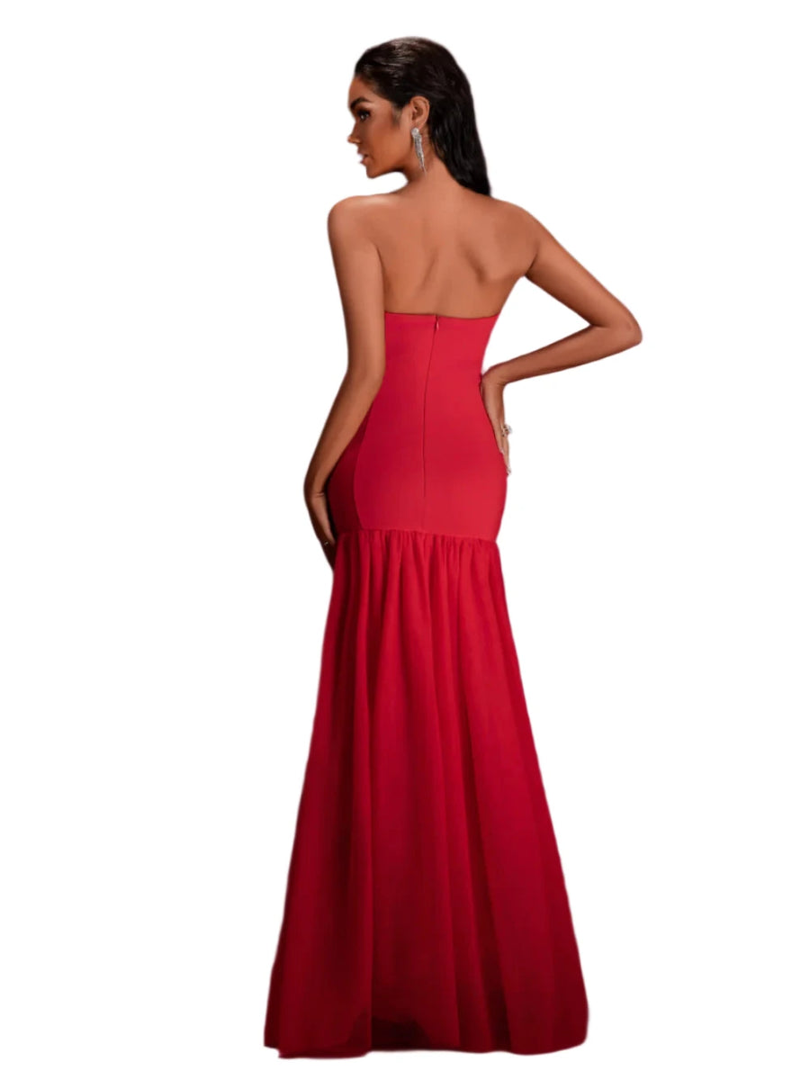 CAROL Crystal-Embellished Tulle Red Strapless Gown – PinkApple Dresses